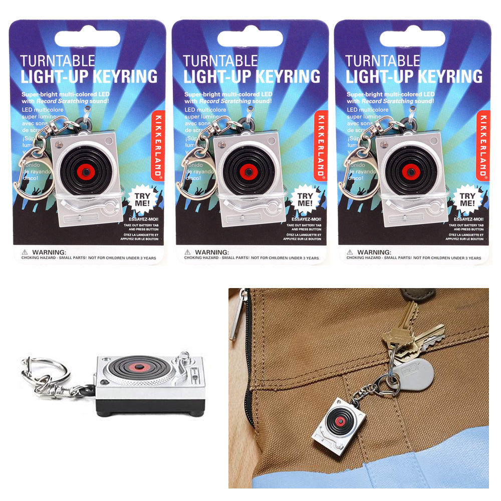 3Pc Kikkerland DJ Turntable Light Up LED Keyring Scratch Sound Key Cha ...