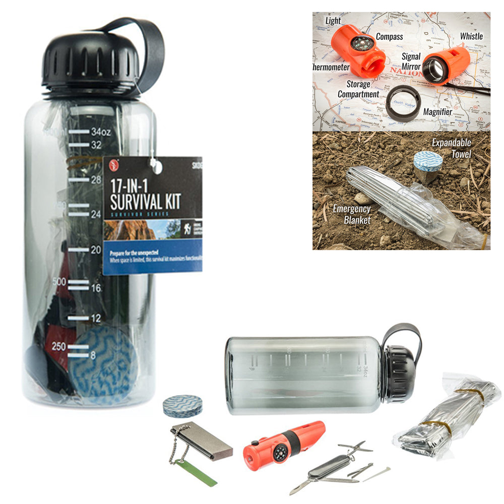 Sport Water Bottle Survival Emergency Kit 17-in-1 Whistle Compass Hiki ...