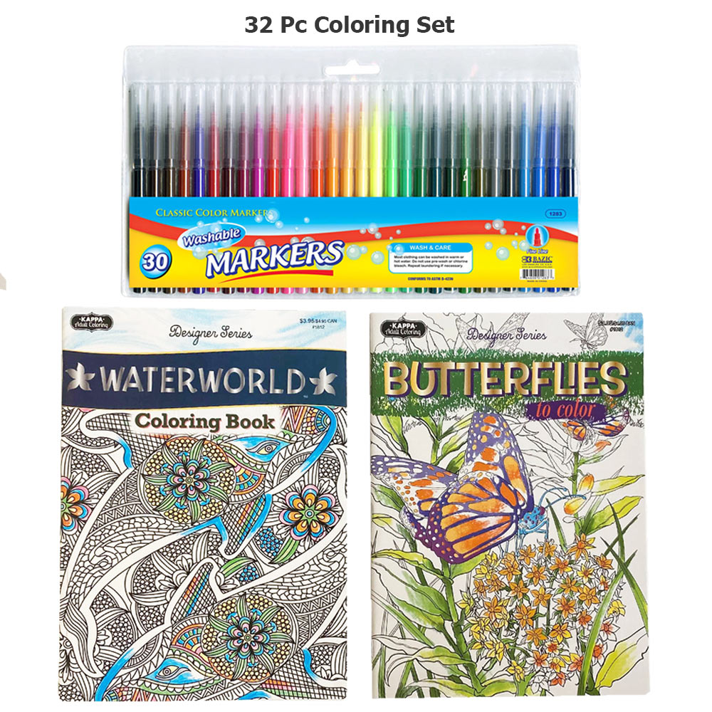 DO NOT UNBLOCK - 32 Pc Coloring Book Set Markers Stress Relieving Wash ...