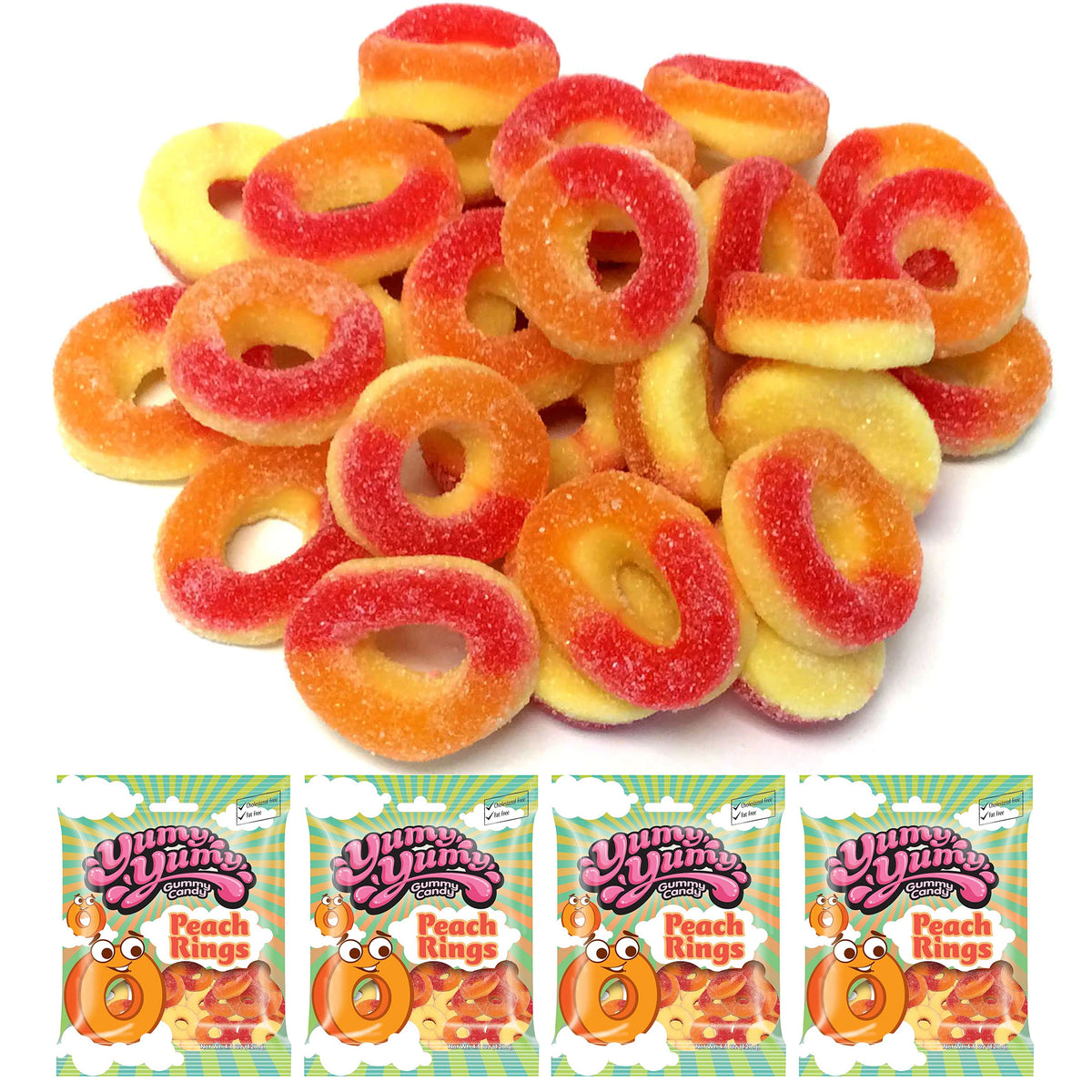 4 Bags Soft Chewy Gummy Peach Rings Candy Gummi Sugar Candies Sweet Fr ...