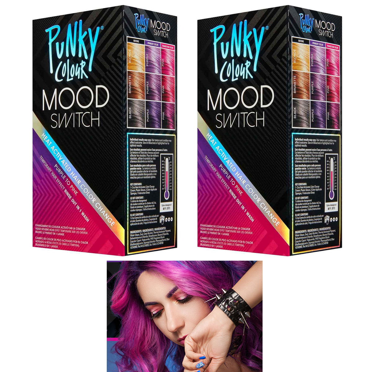 2 Pks Color Change Hair Dye Punky Colour Mood Switch Purple to Pink Te ...