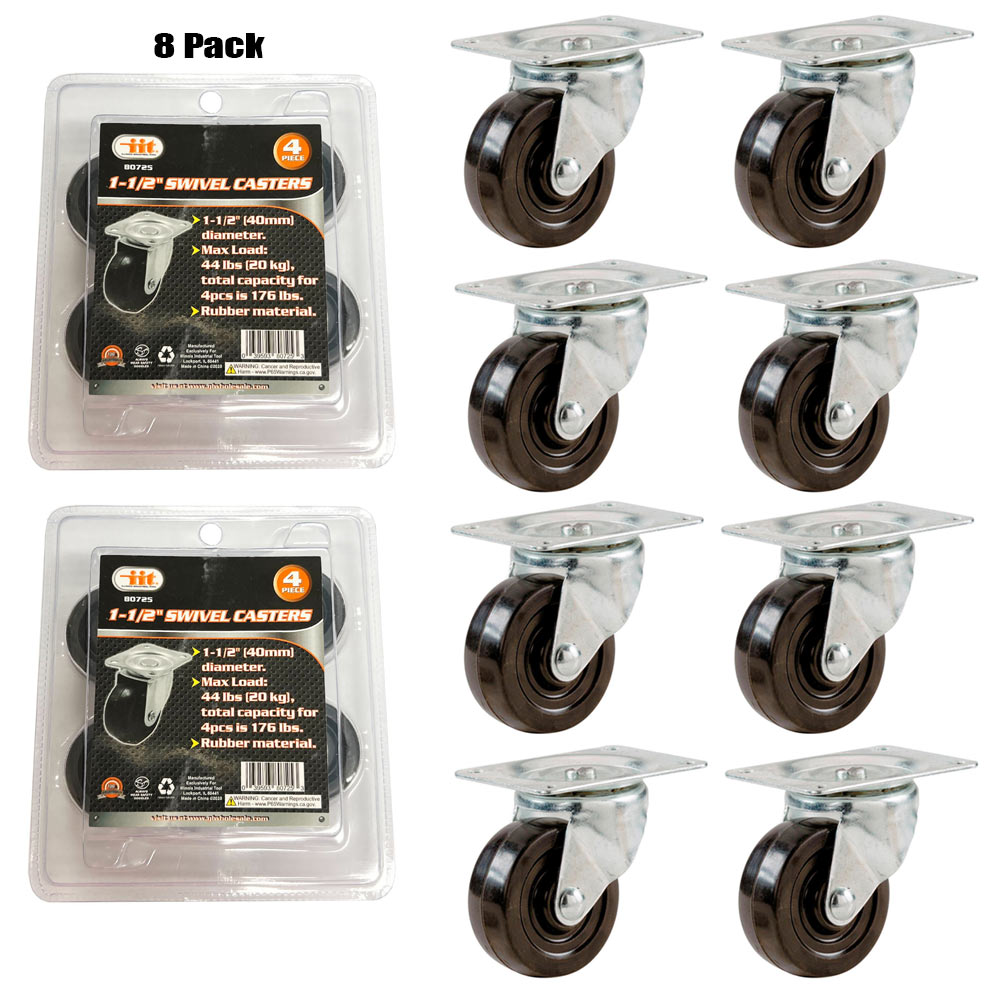 8 Pack 1 1/2" Swivel Casters Plate Mounting Wheel Rubber Top Plate Hea ...