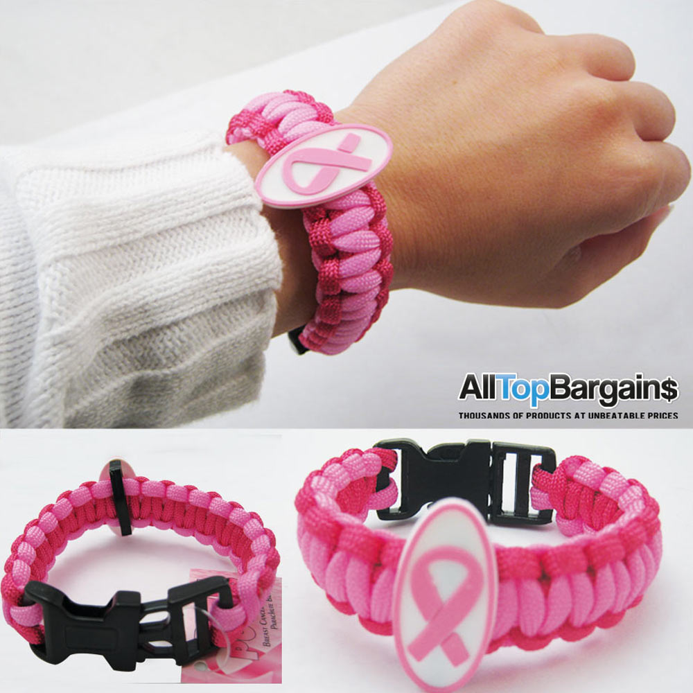 1 Womens Breast Cancer Awareness Bracelet Pink Ribbon Emblem Paracord ...