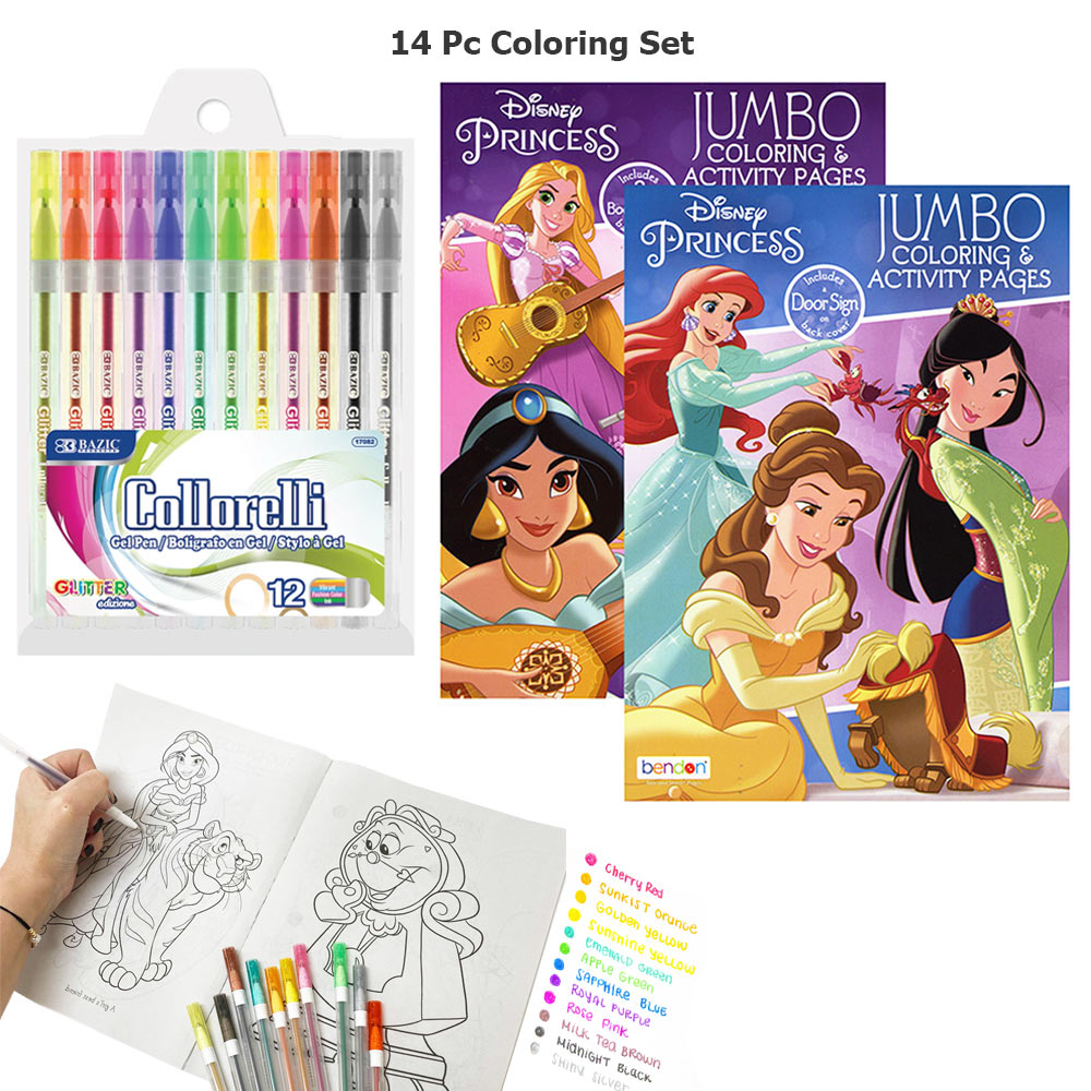 14 Pc Disney Princess Coloring Books Set Activity Pad Kids Drawing Gli ...