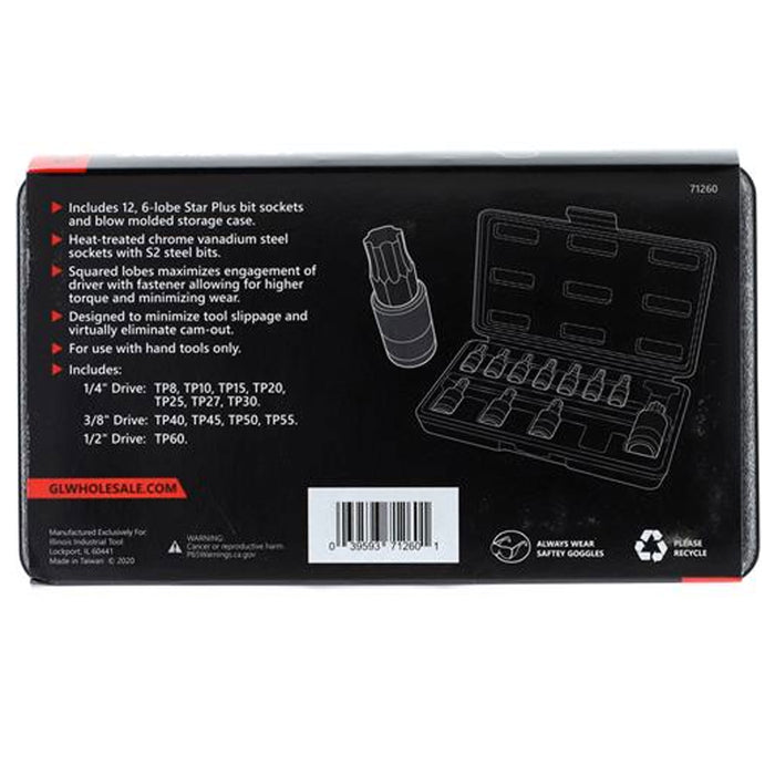 12 Pc 6 Point Star Lobe Torx Star Plus Bit Socket Set Tamper Proof Sec ...