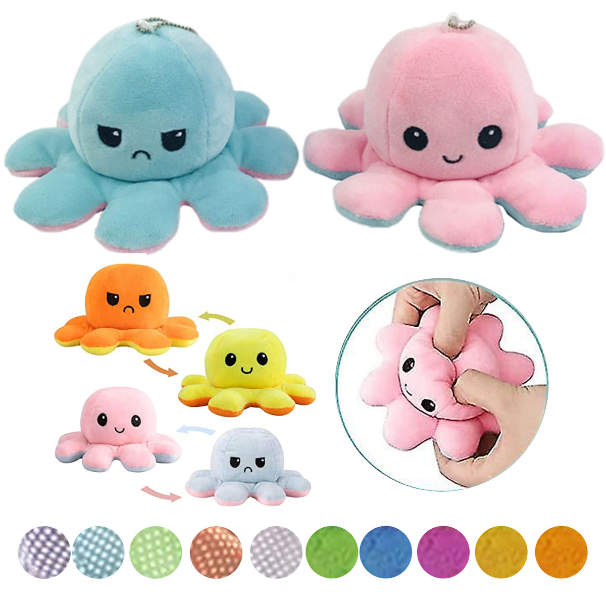 2 Pc Moody Octopus Plush Keychain Flip Emotions Happy Grumpy ...