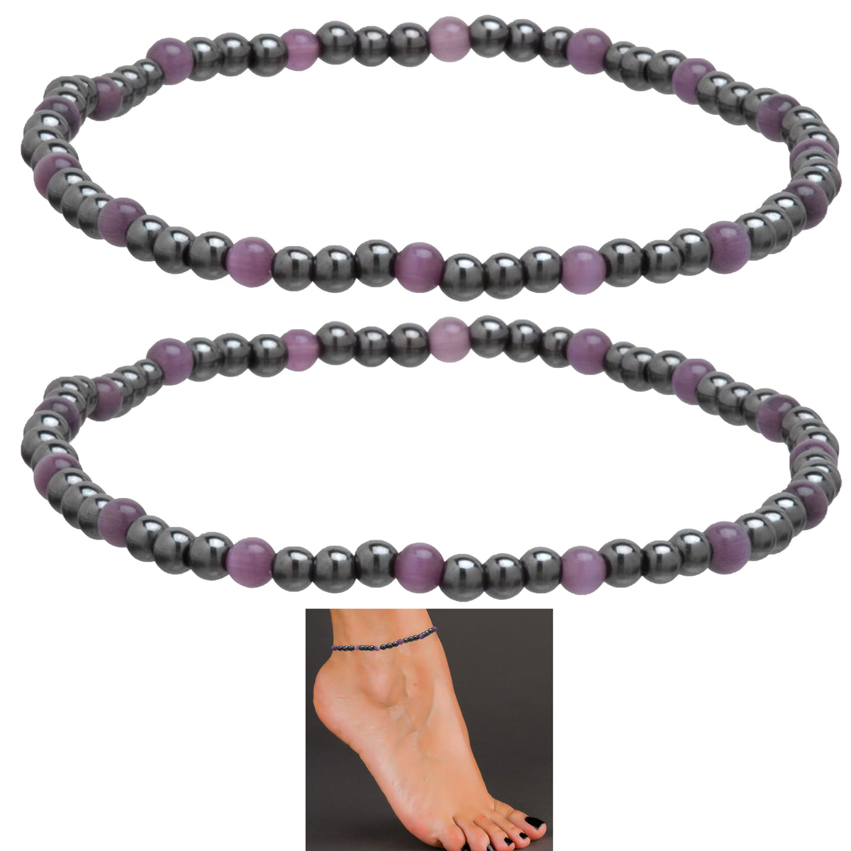 2 X Amethyst Anklet Magnetic Therapy Ankle Bracelets Healing Lymphatic ...