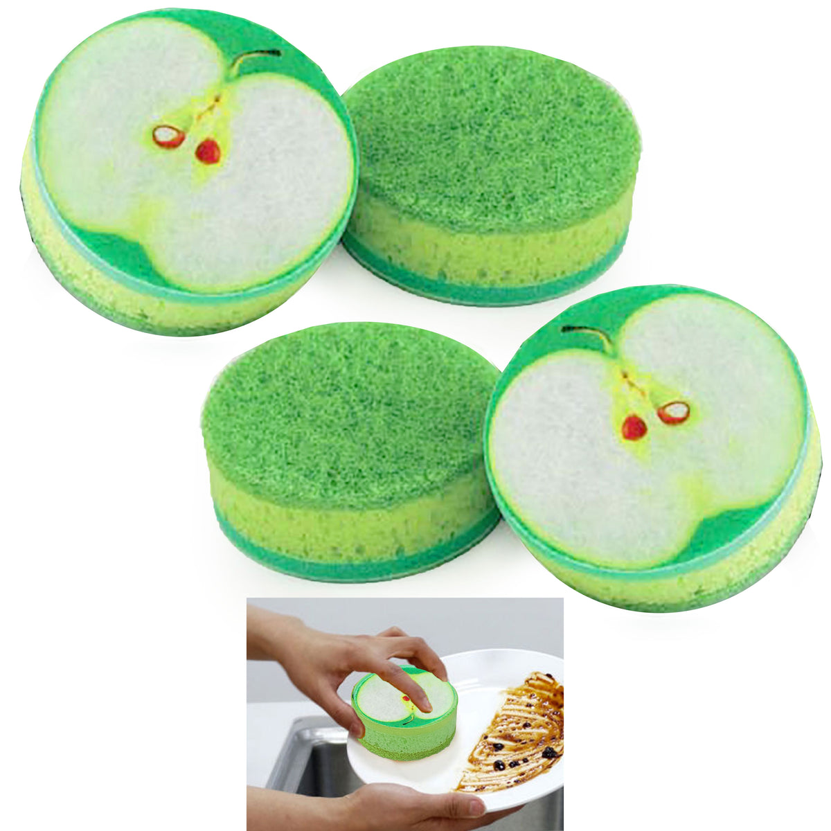 4 Kitchen Dish Sponge Fruit Design Green Apple Scrubber Scourer Wash C ...